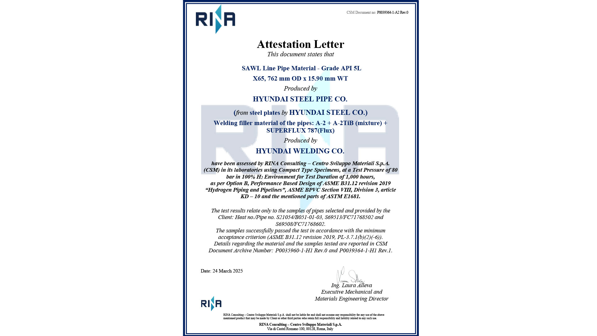 현대제철, 수소 수송용 후판 강재 RINA-CSM 테스트 통과로 성능 입증